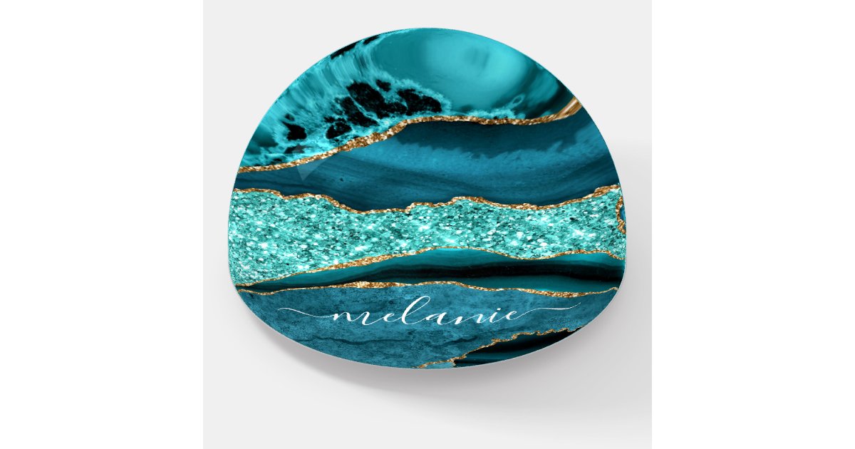 Teal Blue Gold Marble Paperweight with Custom Name | Zazzle