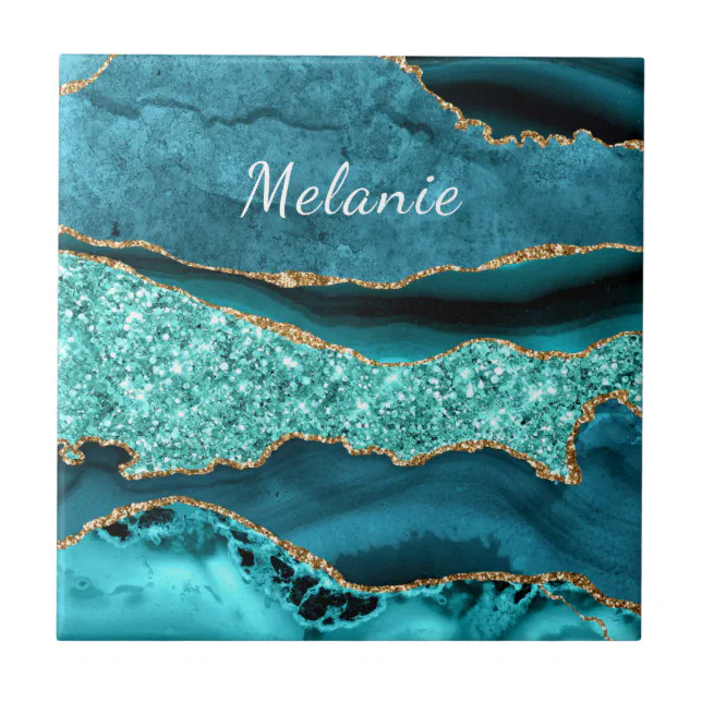 Teal Blue Gold Marble Turquoise Custom Name Tile | Zazzle