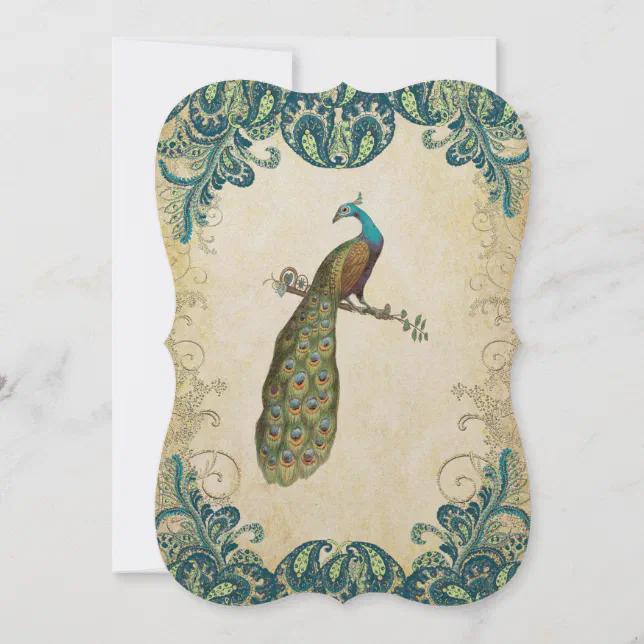 Teal Blue Green Golden Lime Peacock Wedding Invitation | Zazzle