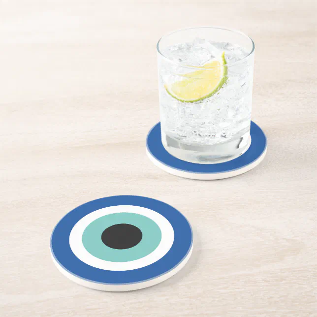 Teal Blue Mati Evil Eye luck and protection symbol Coaster | Zazzle