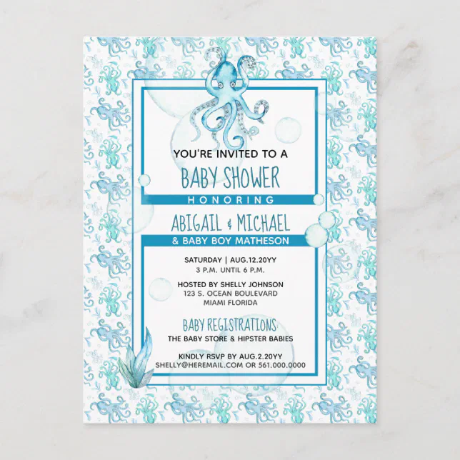 Teal Blue Octopus Baby Shower Sea Life It's a Boy Invitation Postcard ...