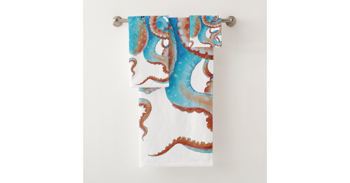 Teal Blue Octopus Watercolor Bath Towel Set | Zazzle