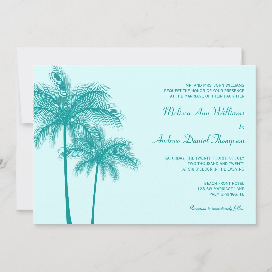 Teal Blue Palm Tree Tropical Wedding Invitation | Zazzle
