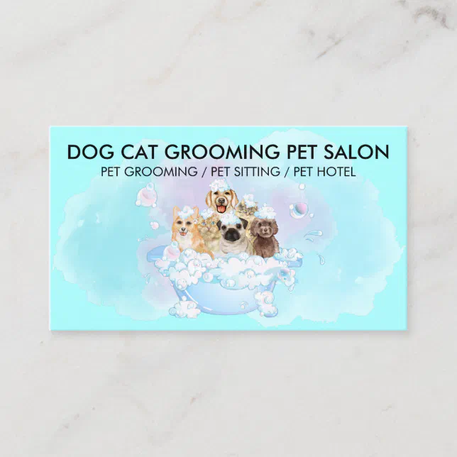Teal Blue Pink Pet Groomer cats dogs Business Card | Zazzle