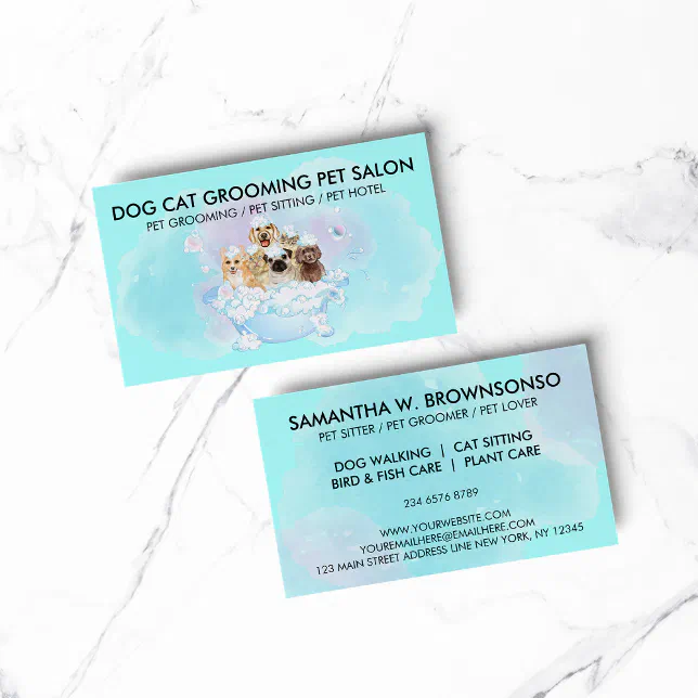 Teal Blue Pink Pet Groomer cats dogs Business Card | Zazzle
