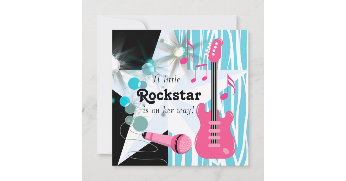 Teal Blue Pink Zebra Rockstar Baby Girl Shower Invitation | Zazzle