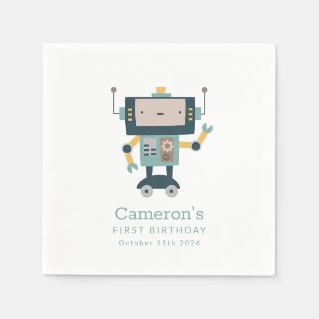 Teal Blue Robot Gears Simple 1st Birthday Napkins | Zazzle
