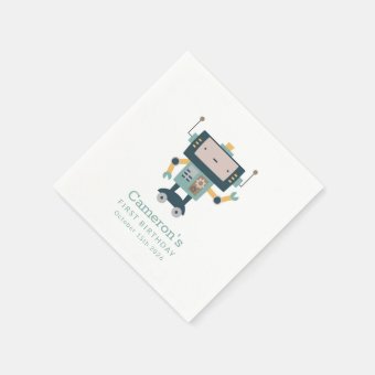 Teal Blue Robot Gears Simple 1st Birthday Napkins | Zazzle