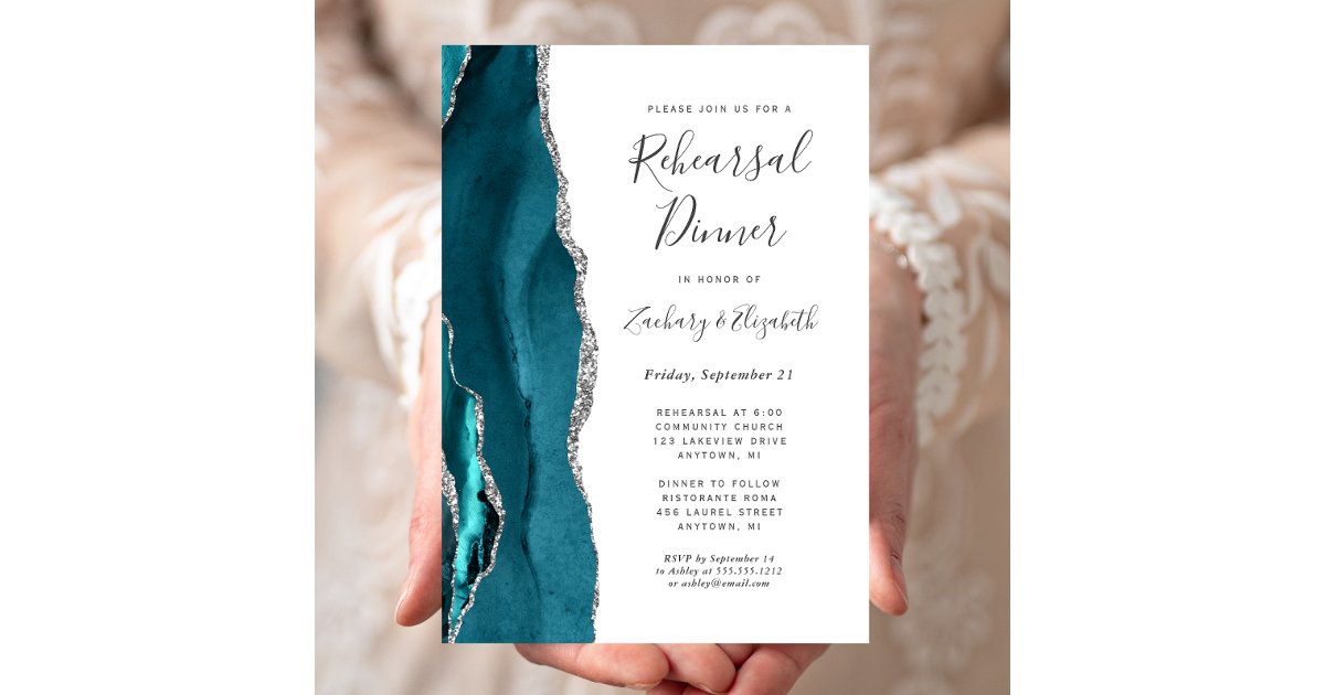 Teal Blue Silver Agate Wedding Rehearsal Dinner Invitation | Zazzle