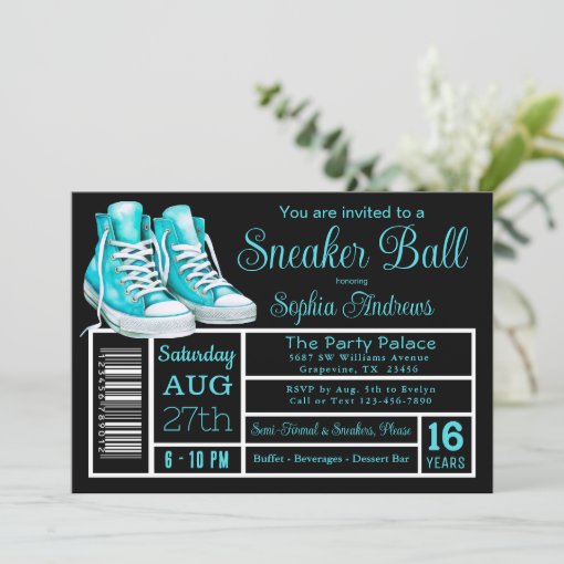 Teal Blue Sneaker Ball Birthday Party Shoe Label Invitation | Zazzle