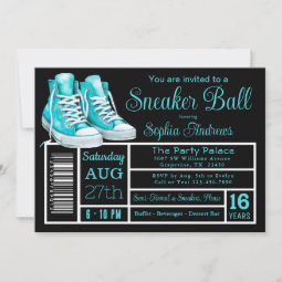 Teal Blue Sneaker Ball Birthday Party Shoe Label Invitation | Zazzle