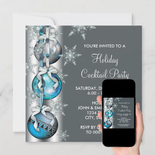 Teal Blue Snowflakes Ornaments Christmas Party Invitation | Zazzle
