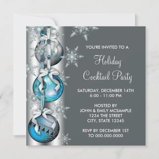 Teal Blue Snowflakes Ornaments Christmas Party Invitation | Zazzle