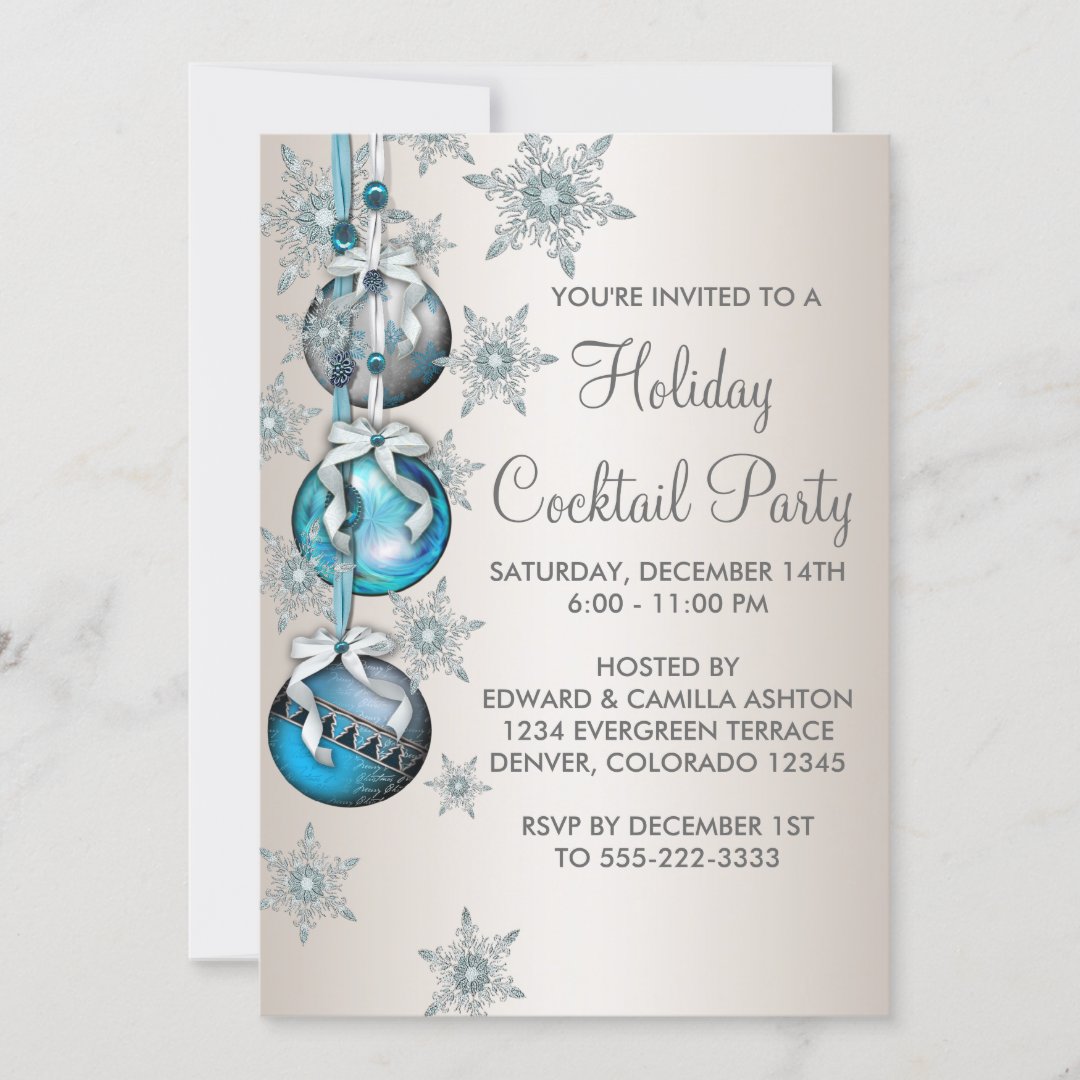 Teal Blue Snowflakes Ornaments Christmas Party Invitation | Zazzle