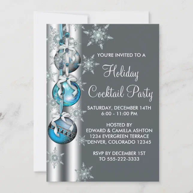 Teal Blue Snowflakes Ornaments Christmas Party Invitation | Zazzle