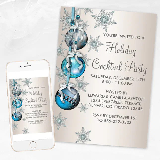 Teal Blue Snowflakes Ornaments Christmas Party Invitation | Zazzle