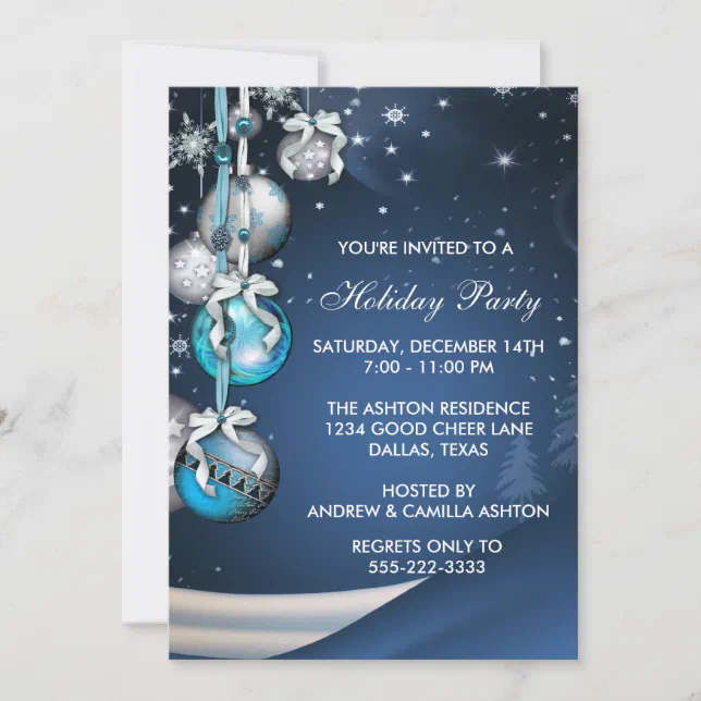 Teal Blue Snowflakes Ornaments Christmas Party Invitation | Zazzle