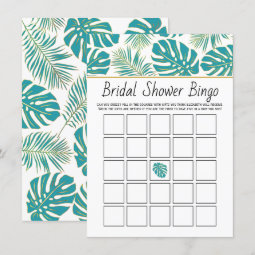 Teal blue tropical leaves bridal bingo game card | Zazzle