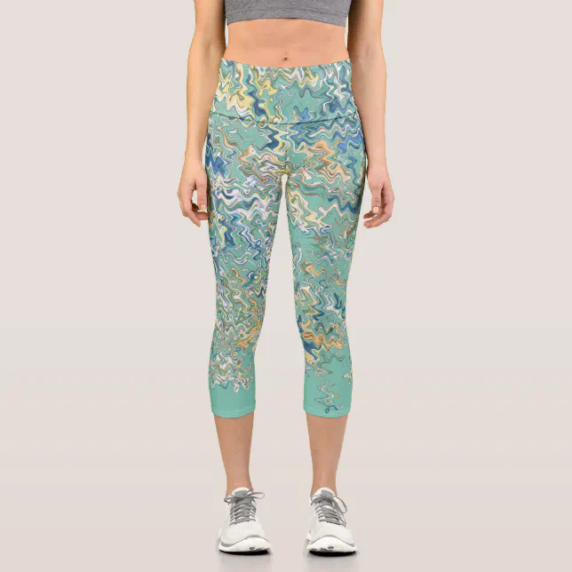 Teal Blue Turquoise Green Chic Unique Pattern Capri Leggings | Zazzle