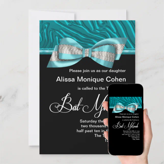 Teal Blue Zebra Bat Mitzvah Invitation | Zazzle