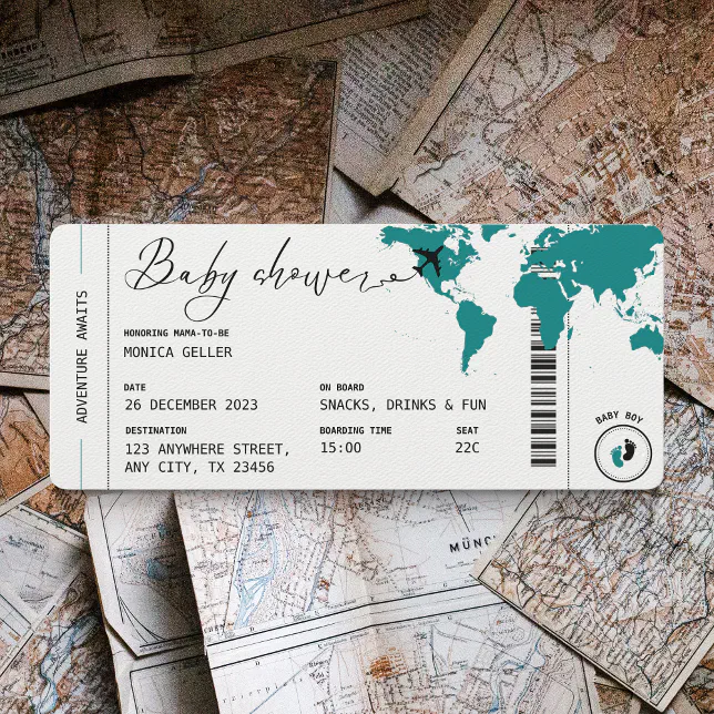 Teal Boarding Pass Travel Baby Shower Boy Invitation | Zazzle