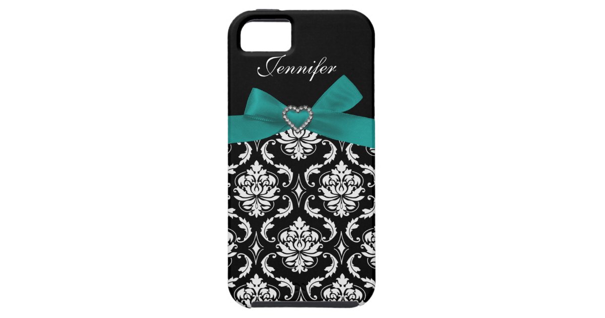 Teal Bow with Black Damask iPhone Case | Zazzle