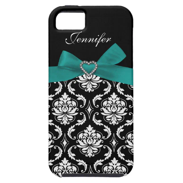 Teal Bow with Black Damask iPhone Case | Zazzle
