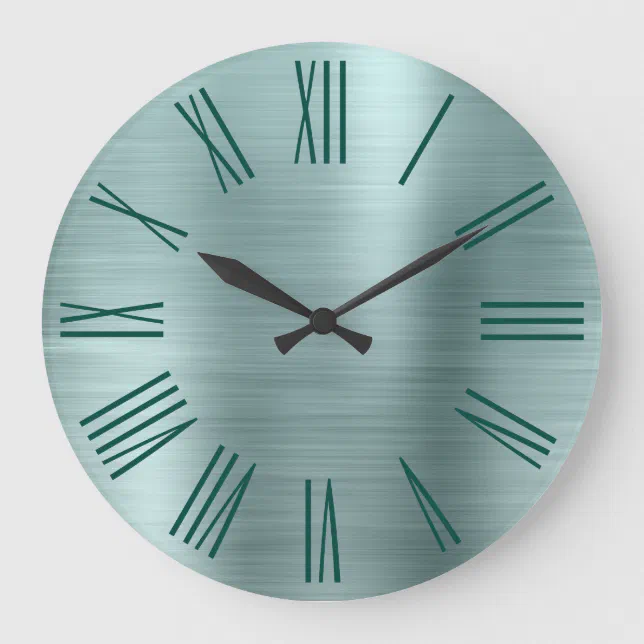 Teal Brushed Foil Dark Turquoise Roman Numerals Large Clock | Zazzle