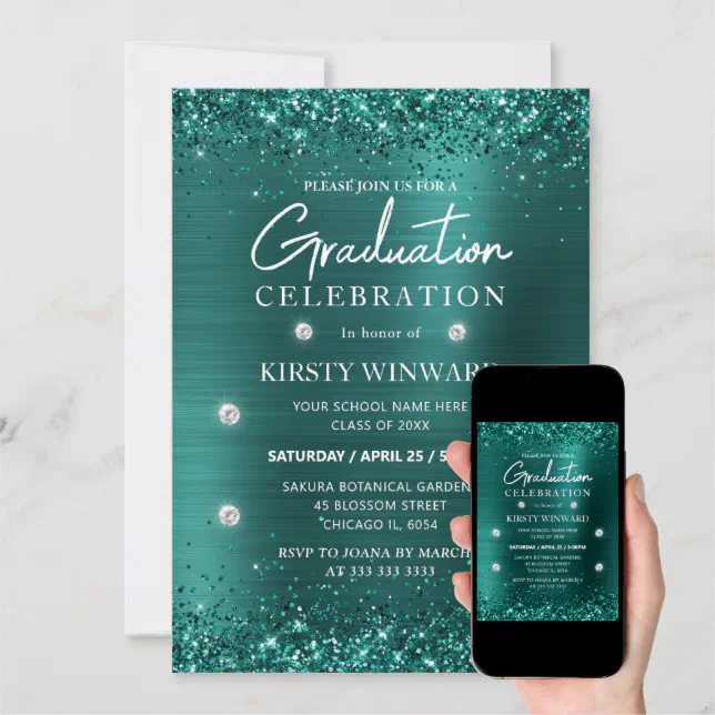 Teal Brushed Metal and Glitter Graduation Invitation | Zazzle