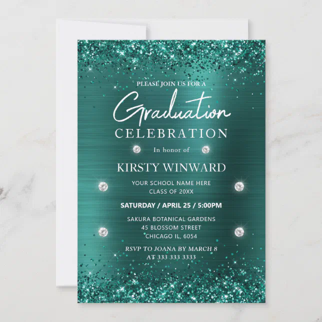 Teal Brushed Metal and Glitter Graduation Invitation | Zazzle