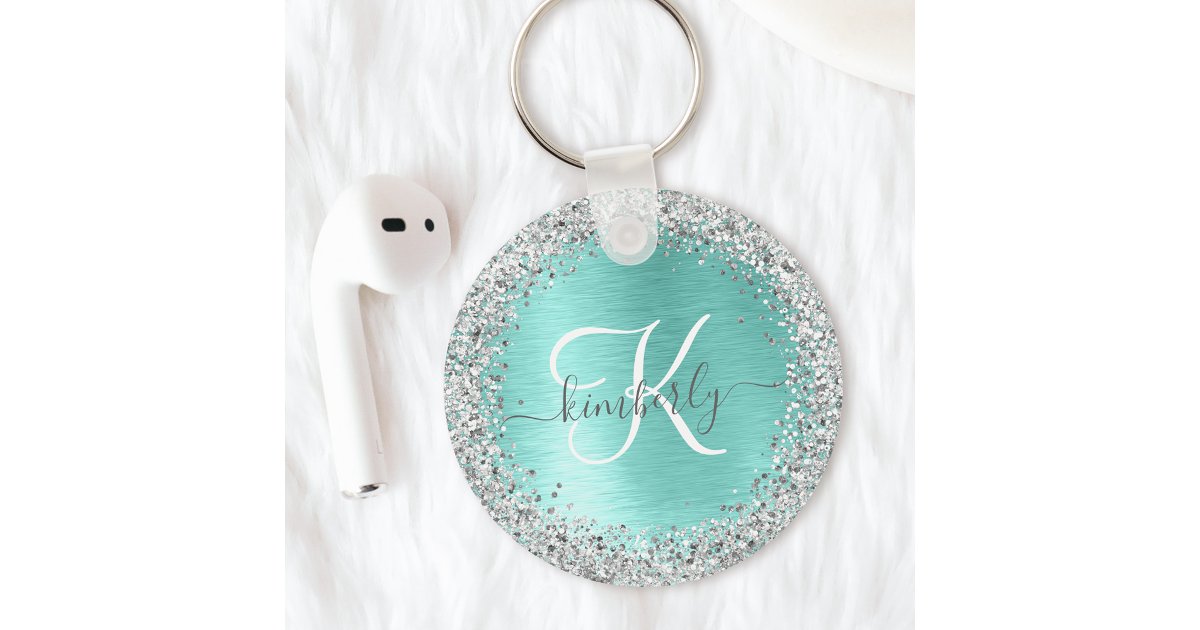 Teal Brushed Metal Silver Glitter Monogram Name Keychain | Zazzle