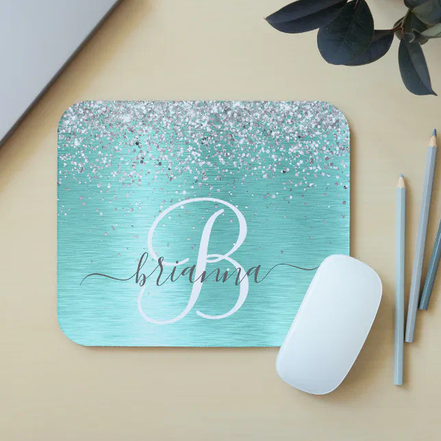 Teal Brushed Metal Silver Glitter Monogram Name Mouse Pad | Zazzle