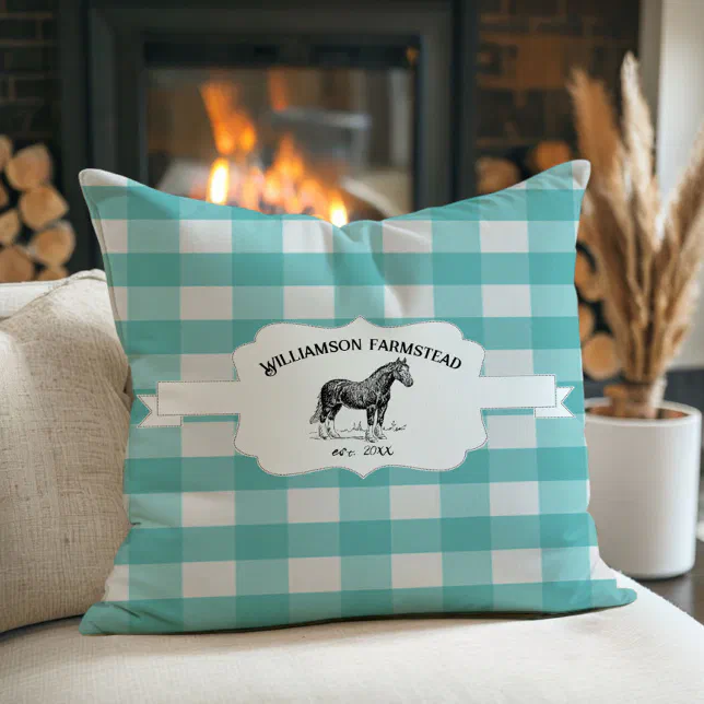 Teal Buffalo Plaid Farm Horse Throw Pillow | Zazzle