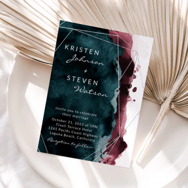 Teal & Burgundy Watercolor Wedding Invitation | Zazzle