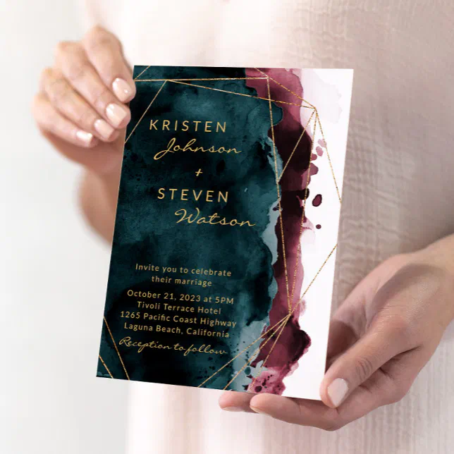 Teal & Burgundy Watercolor Wedding Invitation | Zazzle