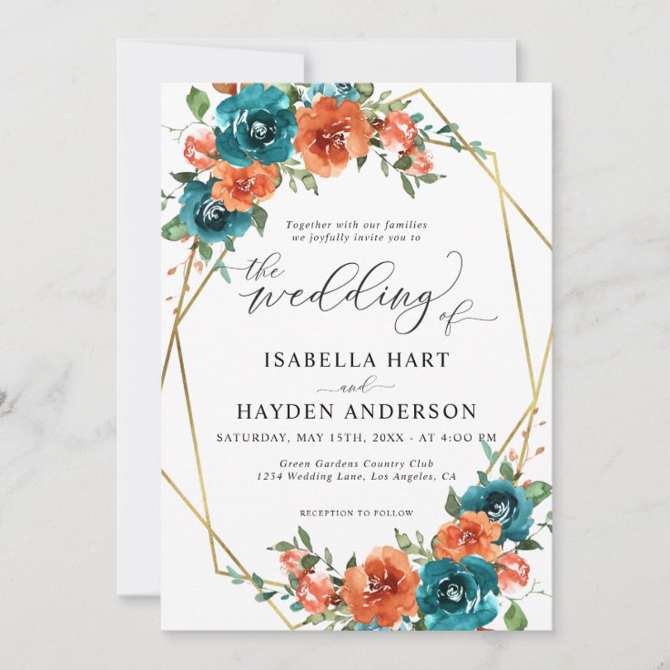 Teal Burnt Orange Floral Gold Frame Wedding Invitation | Zazzle