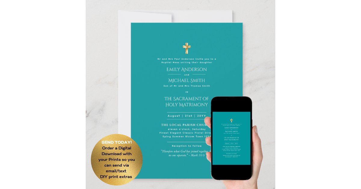 Teal Catholic Nuptial Mass Wedding Invitation | Zazzle