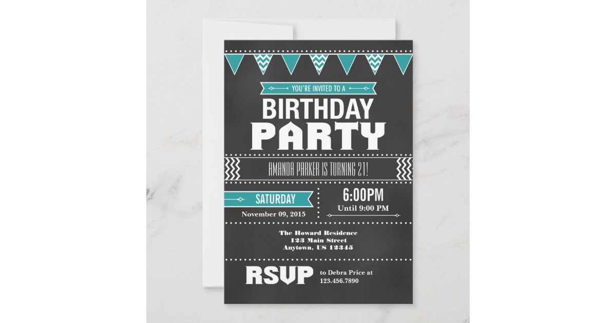 Teal Chevron Chalkboard Birthday Invitation | Zazzle