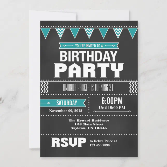 Teal Chevron Chalkboard Birthday Invitation | Zazzle