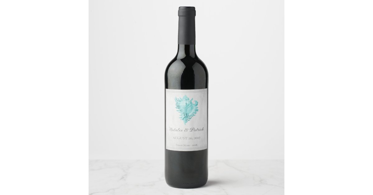 Teal Conch Shell Wedding Wine Label | Zazzle