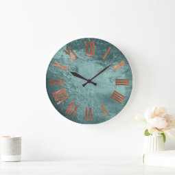 Teal Copper Rose Gold Roman Leather Glass Urban Large Clock | Zazzle