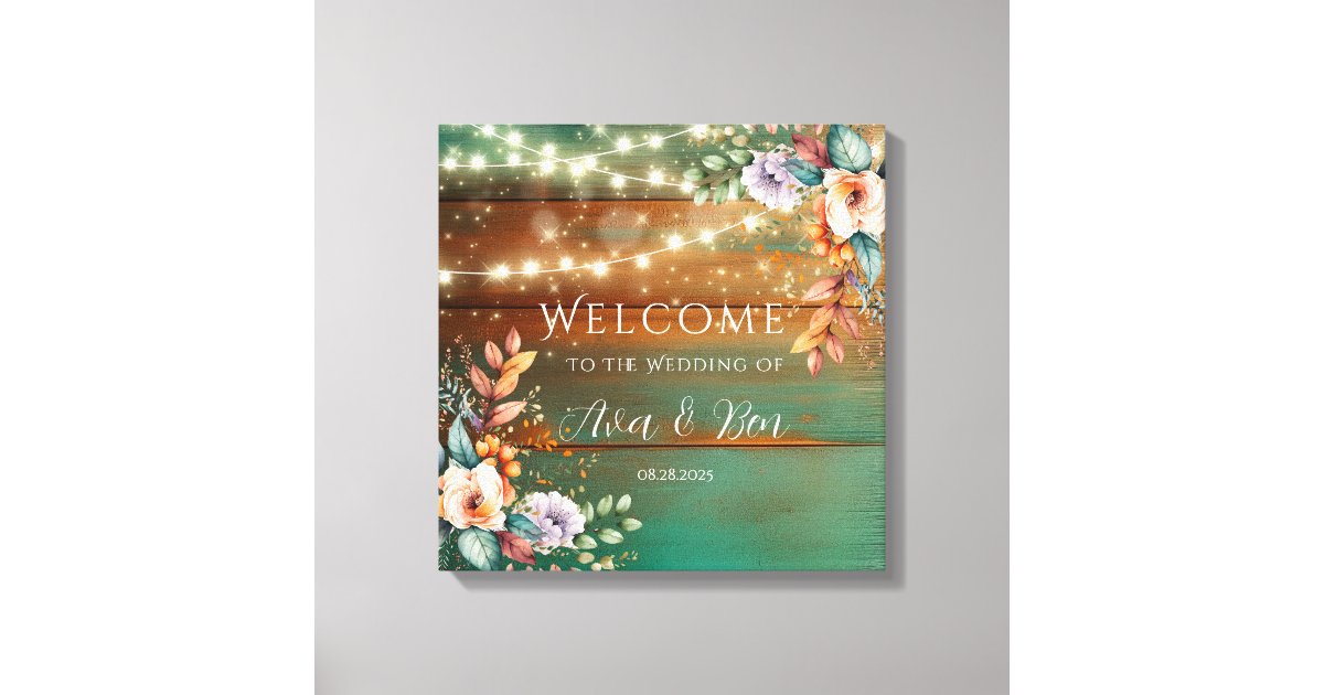 Teal Copper Wood Floral Light Wedding Welcome Sign | Zazzle