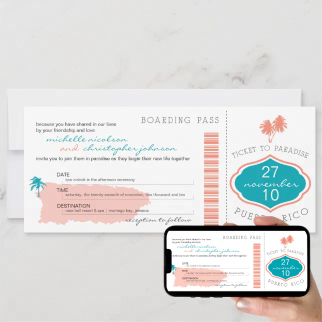 Teal Coral Palm Tree Boarding Pass Puerto Rico Invitation | Zazzle