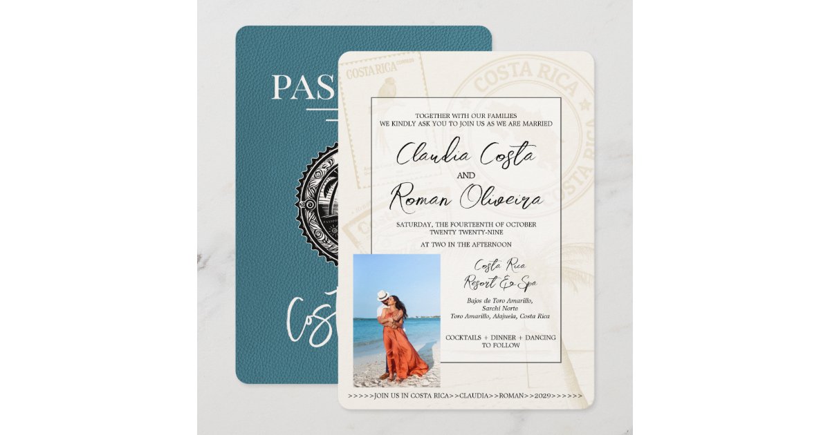 Teal Costa Rica Passport Wedding Invitation | Zazzle