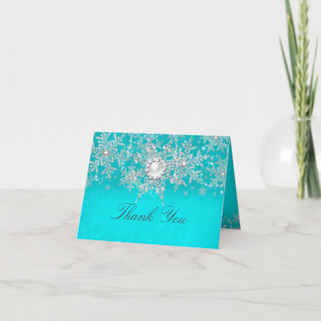 Teal Crystal Pearl Snowflake Silver Thank You Card | Zazzle