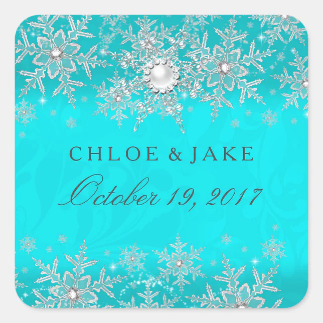 Teal Crystal Pearl Snowflake Silver Wedding Square Sticker | Zazzle