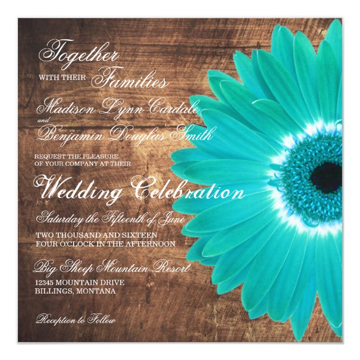 Teal Daisy Rustic Wood Wedding Invitations | Zazzle.com