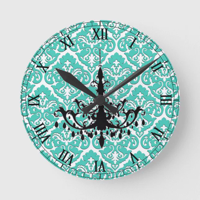 Teal Damask Black Chandelier Round Clock | Zazzle