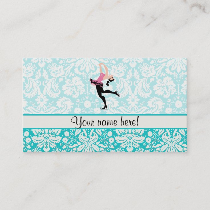 Teal Damask Pattern Ice Skating Business Card | Zazzle