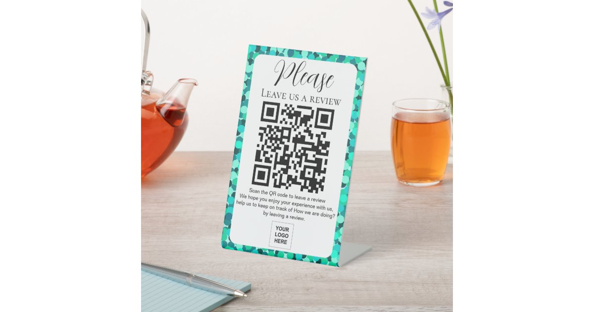 Teal Dot Pattern Leave us a Review QR code Pedestal Sign | Zazzle